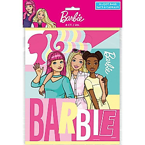 Barbie Birthday Party Supplies Bundle includes 16 Lunch Plates, 16 Napkins, 1 Table Cover, 1 Banner, 16 Loot Bags, 1 Dinosaur Sticker Sheet