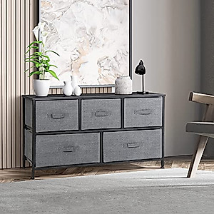 ZENY Extra Wide Dresser Storage Tower - Storage Tower Unit for Bedroom, Hallway, Closet, Office Organization - Steel Frame, Wood Top, Easy Pull Fabric Bins - 5 Drawers