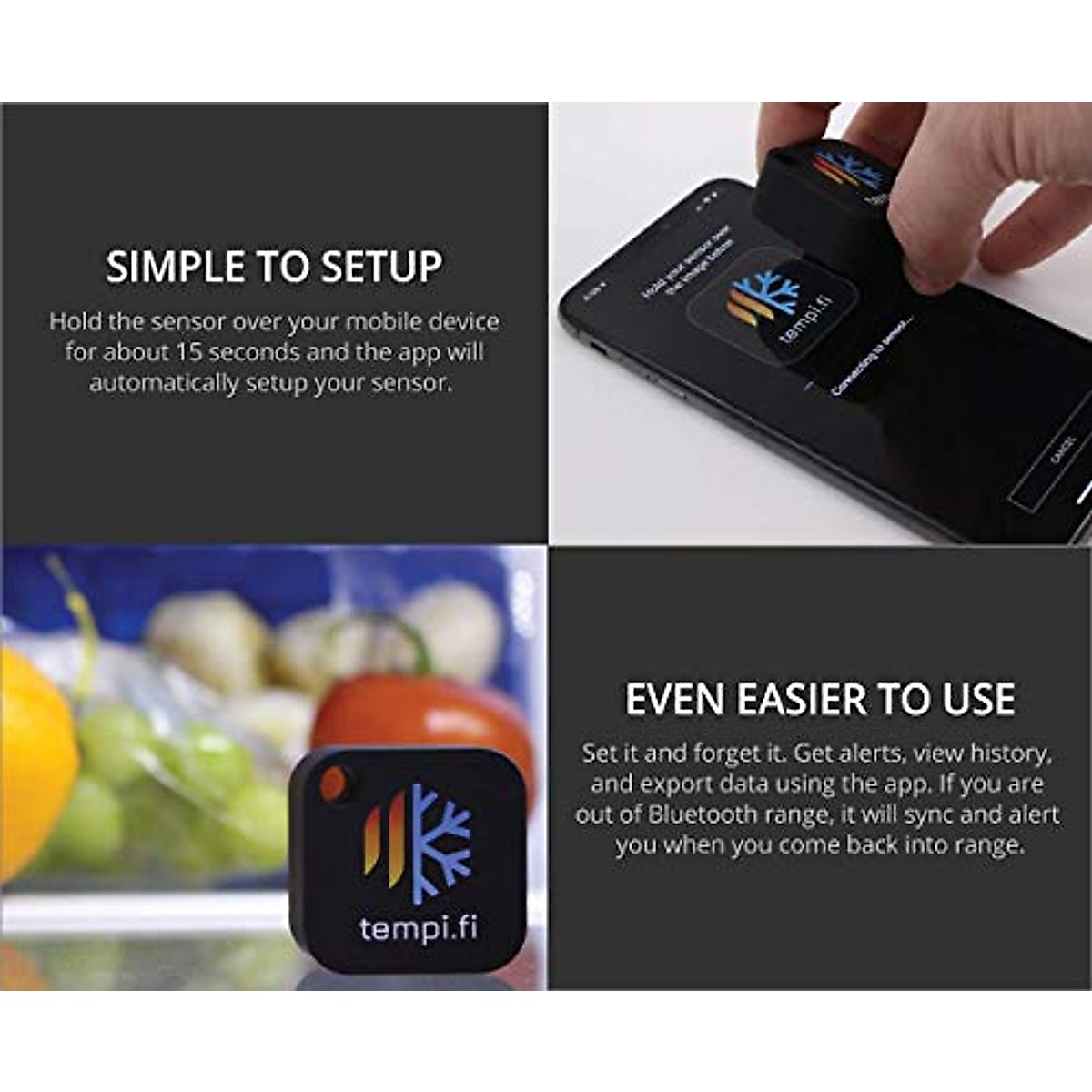 tempi.fi Mini Wireless Temperature and Humidity Sensor - Developed in The USA - 24/7 Data Logger with Alarm – Bluetooth Smart Thermometer and Hygrometer - Monitor Refrigerator Freezer Pets (T3)