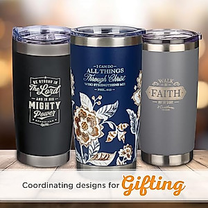 Christian Art Gifts Stainless Steel Double Wall Vacuum Insulated Travel Mug 18 oz Gray Bible Verse Tumbler with Retractable Lid for Men & Women - Walk by Faith - 2 Corinthian 5:7