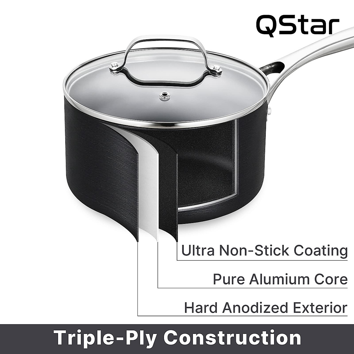 QStar 1.5 qt Hard-Anodized Aluminum Nonstick Sauce Pan in Black with Lid and Stainless Steel Handle