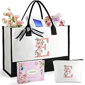 Ini-tial Can-vas Tote Bag w Makeup Bag, Customized Personalized Friends Birthday Gifts for Women, Pink Floral Tote Bag for Women w Inner Pocket, Gift Box, Card, Wedding Gifts for Couples Unique 2023 E