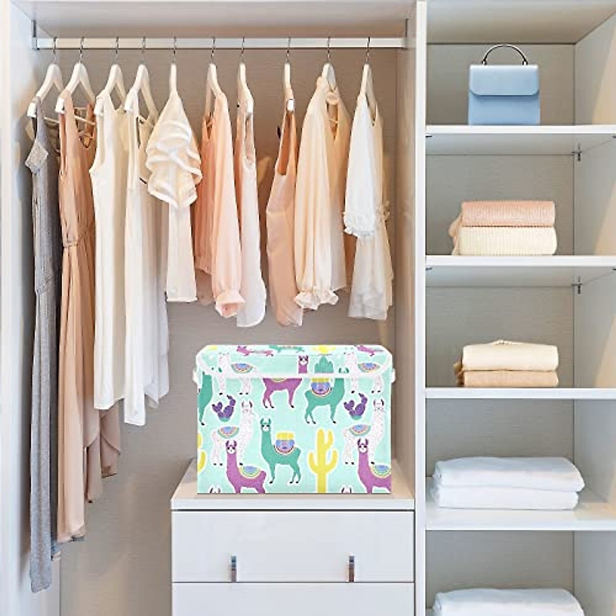 CaTaKu Llama Alpaca Green Storage Bins with Lids Fabric Large Storage Container Cube Basket with Handle Decorative Storage Boxes for Organizing Clothes Shelves