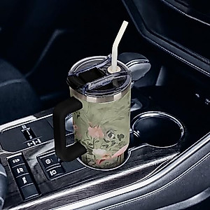 40 Oz Flamingo Insulated Stainless Steel Tumbler with Handle & Straw Lid, Reusable Travel Cupholder Friendly Mug for Coffee, Water, Tea