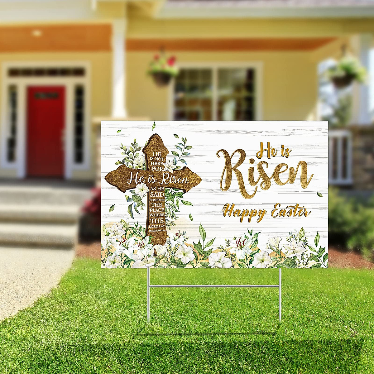 He Is Risen Easter Yard Sign Outdoor Decorations Happy Easter Yard Stakes Religious Easter Yard Decoration Easter Cross Sign Eucalyptus Lily Spring Yard Sign for Christian Holiday Garden Lawn Decor