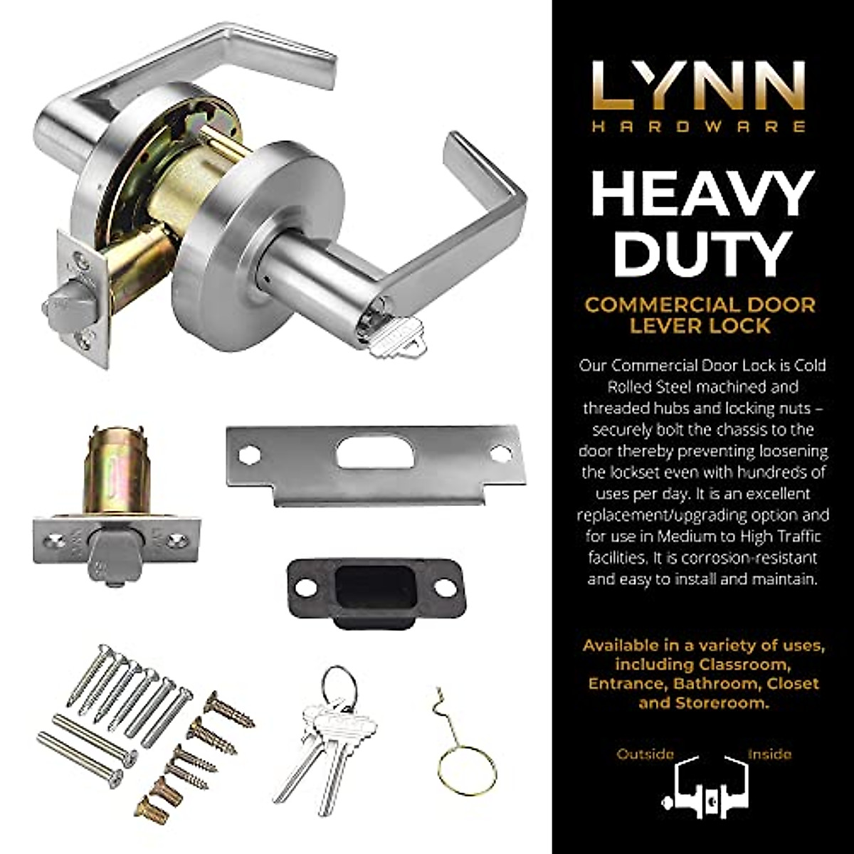 LYNN HARDWARE Commercial Door Lever Lock - Heavy-Duty Locking Door Handle, Designer Door Handles, Cylindrical Lever Lock, Non-Handed Grade 2 Door Handle, Satin Chrome, Classroom Function