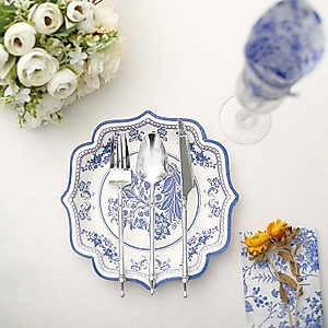 Tableclothsfactory 25 Pack | 8" White/Blue Chinoiserie Floral Print Paper Dessert Plates with Scalloped Rims, Disposable Salad Appetizer Plates - 300 GSM
