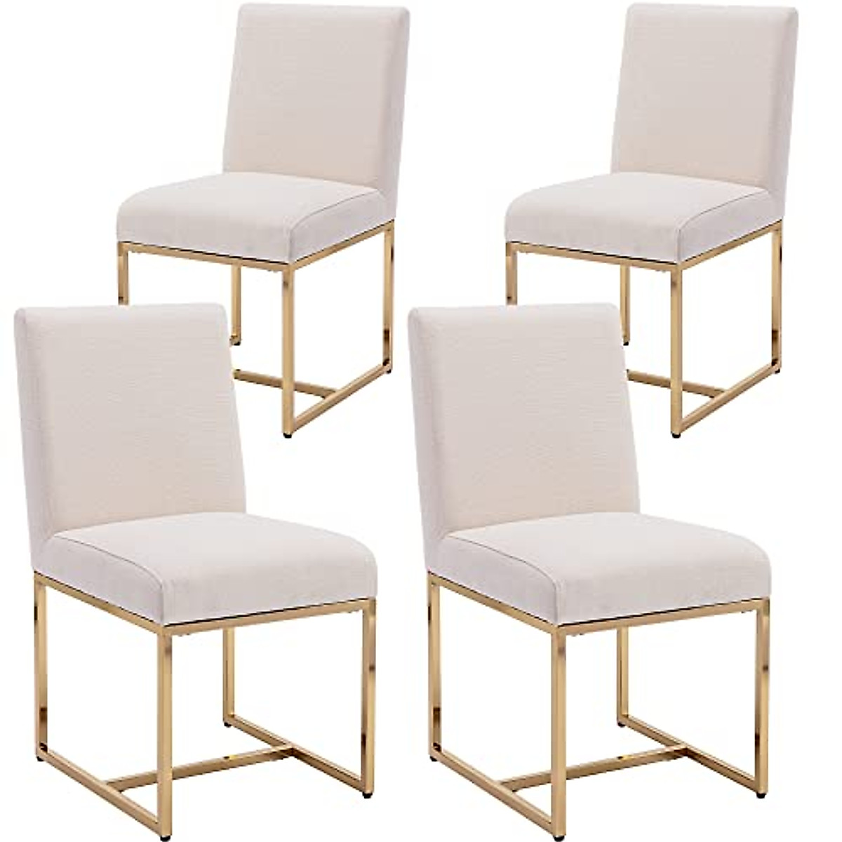 Set of 4 Linen Upholstered Dining Room Chairs, Mid Century Modern Fabric Chair for Dining Room, with Golden Finish Metal Frame, Cream