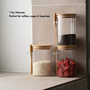 KIVY Airtight glass jars with bamboo lids and spoons (17oz) Sugar jar with spoon - Sugar container for coffee bar - Glass jar with spoon - jars with spoons and lids - Container with spoon - Tea jars