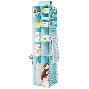 mDesign Long Soft Fabric Over Closet Rod Hanging Storage Organizer with 12 Divided Shelves, Side Pockets for Child/Kids Room or Nursery, Store Diapers, Wipes, Lotions, Toys - 2 Pack - Light Blue/White