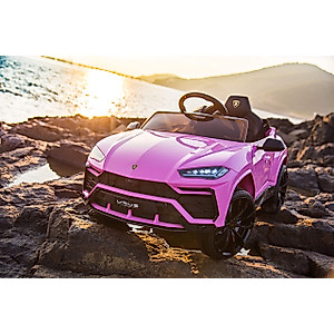 Rock Wheels Licensed Lamborghini Urus Ride On Truck Car Toy, 12V Battery Powered Electric 4 Wheels Kids Toys w/Parent Remote Control, Foot Pedal, Music, Aux, LED Headlights, 2 Speeds (Pink)