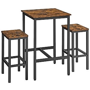 VASAGLE Bar Table and Chairs Set, Square Bar Table with 2 Bar Stools, Dining Pub Bar Table Set for 2, Space Saving for Kitchen Breakfast, Living Room, Party Room, Rustic Brown and Black