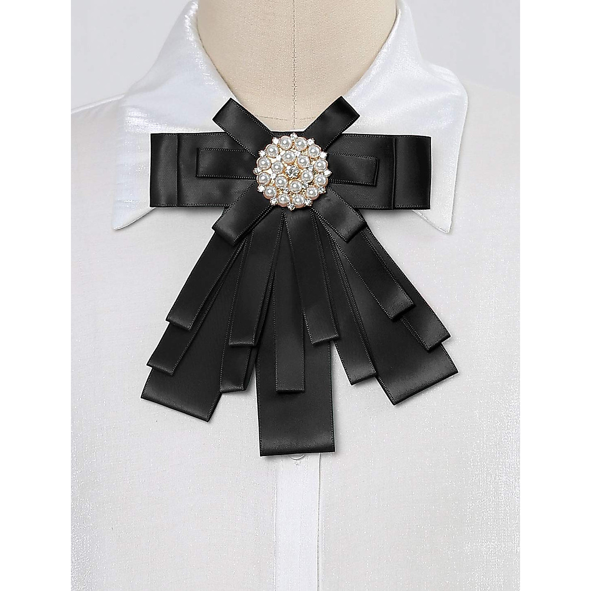 Allegra K Women's Pre-tied Bowknot Beads Bow Tie Elegant Large Ribbon Brooch One Size Black