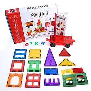 MagHub Magnet Toys Magnetic Tiles, 125 PCS Magnetic Building Blocks Set for Boys Girls Preschool Educational Construction Kit Magnet Stacking Toys for Kids Toddlers Children