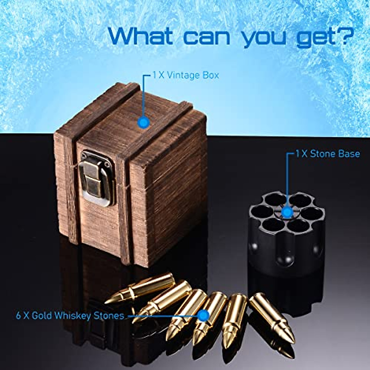 Eligara Whiskey Stones Set - Wooden Crate (6 pcs), Stainless Steel Ice Cubes Cooling Whisky Rocks - Scotch Gifts for Him Dad Boyfriend Husband