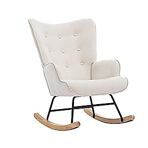Wahson Glider Rocking Armchair with Tufted High Wingback Chenille Leisure Rocker Recliner Chair with Upholstered Comfy Cushion for Nursery/Indoor/Living Room/Bedroom, Beige