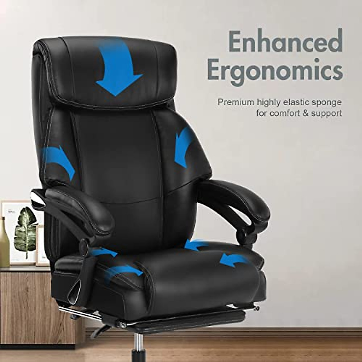 BOSMILLER Big and Tall Office Chair 400lb for Heavy People with Double Padded Memory Foam Seat Cushion Leather Executive Office Chair with Lumbar Support and Adjustable Footrest for Home Work