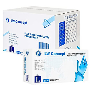 LW Concept Blue Vinyl Exam Gloves for Medical/Food Safe/Cleaning/Handling Use Multipurpose Latex & Powder Free, 4.5 mil (LW4003, Large)