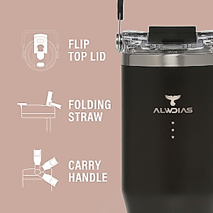 Alwdias Samsta Stainless Steel Tumbler with Handle and Straw | Leakproof Vacuum Insulated Water Bottle | Keep Cold 24H | Cup Holder Friendly Double Walled Travel Mug | 32 oz, Black
