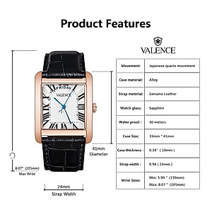 Valence Women's Wrist Watches. Vintage Large Face Square Watches for Women. Classic Ladies Quartz Watches with Black Leather Band. Womens Waterproof Watch with Day and Date(Model: 088-Black)