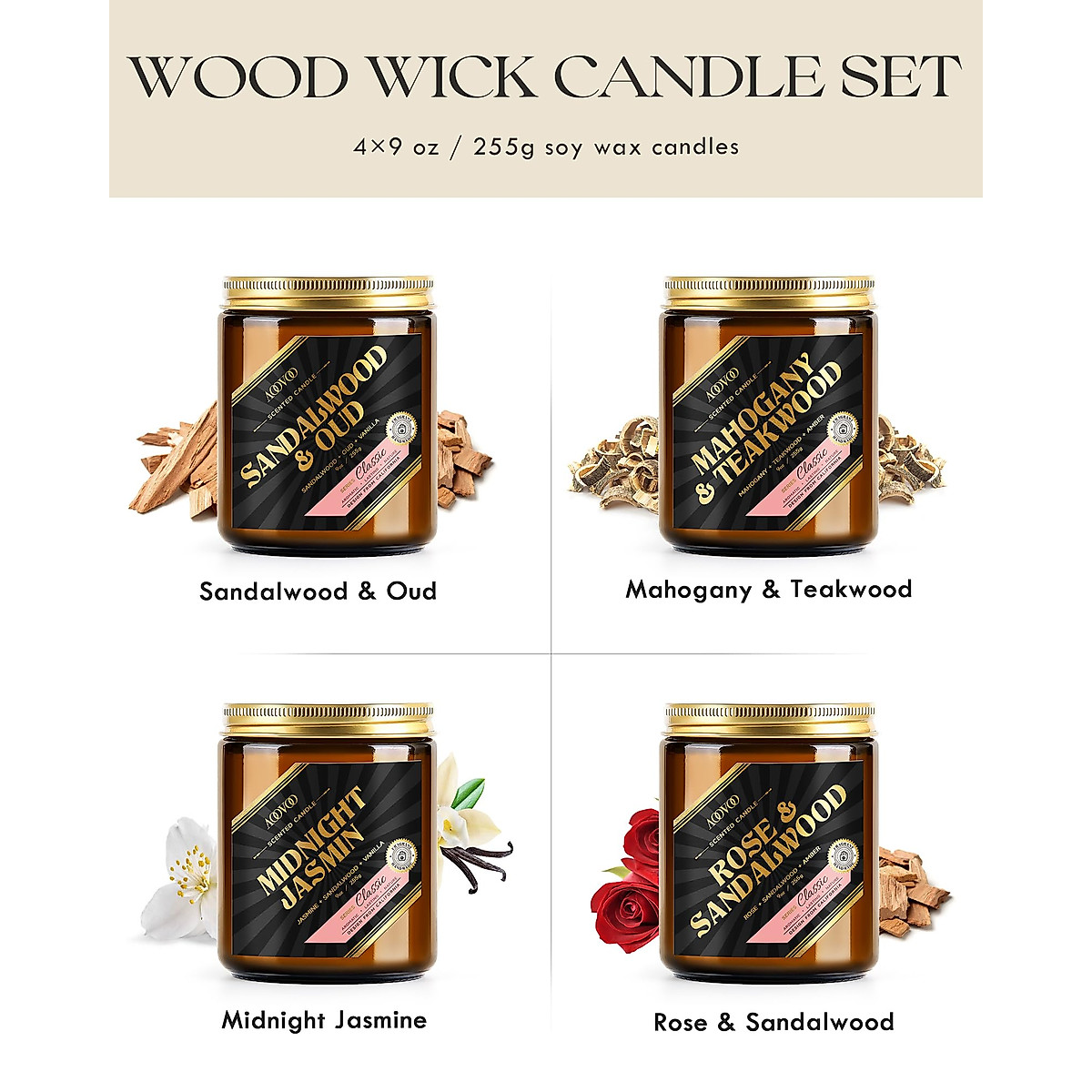 AOOVOO Wood Wick Candles - Sandalwood&Oud/Rose&Sandalwood/Mahogany Teakwood/Jasmine, Scented Candles for Home, Soy Candles, Candle for Man, 36 oz, 220 Hours Burn