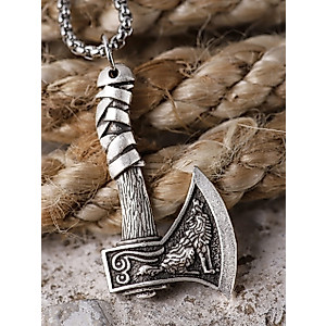 HAQUIL Viking Battle Axe Necklace, Wolf Raven Axe Amulet Pendant, Stainless Steel Box Chain, Authentic Viking Jewelry Men (AD)