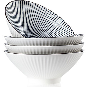 QINLANG 38 oz Japanese Ramen Bowls, Cereal Bowls, Soup Bowls, Pho Bowls, Noodle Bowls, Blue and White Ceramic Bowls Set of 4, 8 inches