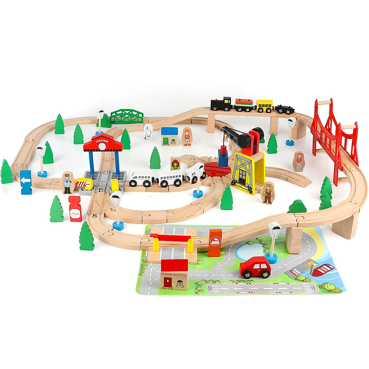 Joqutoys Wooden Train Set, 100 Pieces Toy Train Set for Toddlers 3+ Years Old, Train Tracks Toys with Tower Crane & Suspension Bridge, Fits All Major Brands