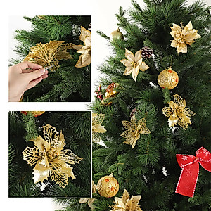 Whaline 24Pcs Christmas Poinsettia with 24Pcs Clips 4 Design Glitter Gold Artificial Flower Winter Party Supplies for Xmas Tree Ornament Wedding Birthday Wreath Decoration