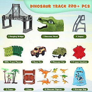Dinosaur Track Toys, 200+ Pcs Create A Dinosaur World Road Race, Flexible Track Playset with 1 Dinosaur Car,1 Race Car,8 Dinosaurs for 3 4 5 6 Year & Up Old Boys Girls Kids Toddlers Great Gift