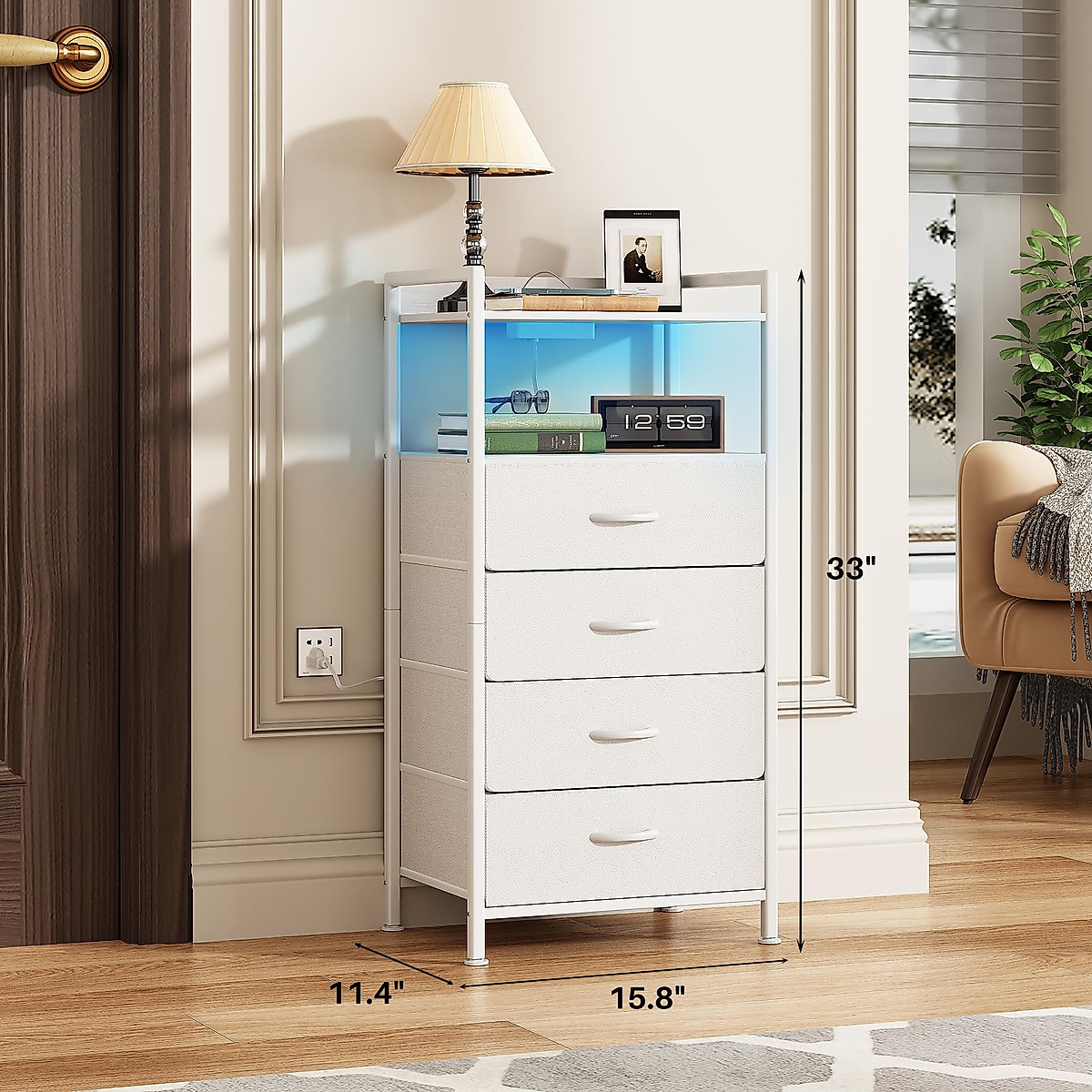 Kitstorack Night Stand with Charger Station and LED Light White Nightstand with Drawers Bedside Table Tall Nightstand 4 Fabric Drawers