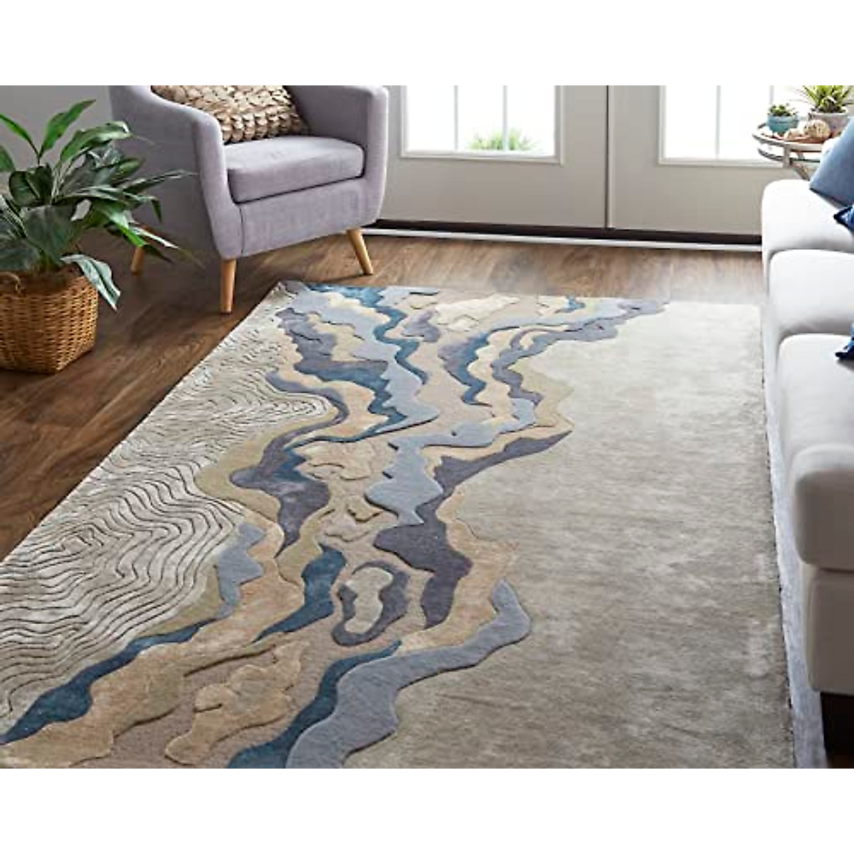 Feizy Serrano Modern Viscose Rug, Beige/Blue, 8' x 10' Area Rug