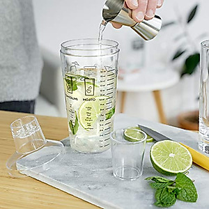 True Cocktail Shaker with Recipes for Cocktails and Ounce Measurements, Built-in Strainer, 16 oz, Clear Plastic