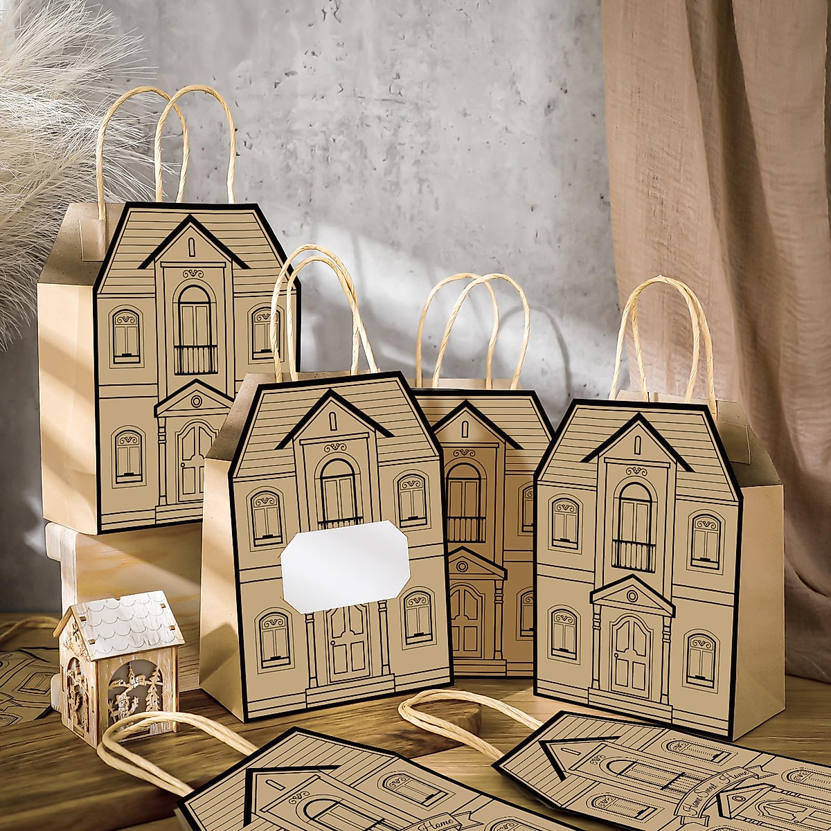 Colarr 50 Pcs Real Estate Agent Supplies House Shaped Gift Bag 5.25 x 3.25 x 8.25 Inch Real Estate Bag with Handles Kraft Real Estate Agent Gift Bags for Real Estate Favor Home Gift (Brown)