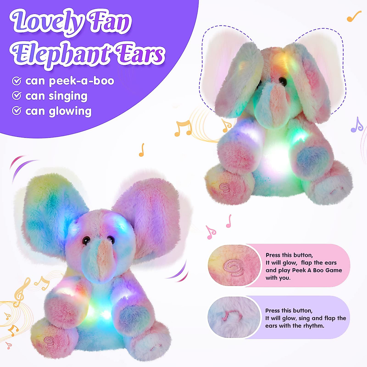 Glow Guards 12'' Light up Peek-a-Boo Elephant Stuffed Animal Musical Rainbow Elephant Singing Stuffed Animal Electric Interactive Toys Christmas Holiday Birthday Gifts for Toddler Kids