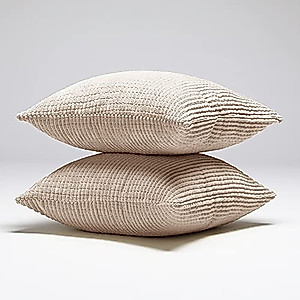 Deconovo Throw Pillow Covers Corduroy 18x18 Inch Cream Stripe Pattern Square Soft Cushion Covers for Couch Bedroom Sofa Living Room Bed Chair Solid Pack of 2