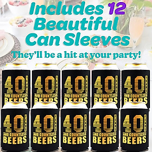 Happy 40th Birthday Insulated Can Cover 12 Pack - Birthday Favors for Men and Women - Printed on Both Sides Fits All Cans and Bottles - Thermocooler Beverage Sleeve - Black & Gold (Original, Regular)