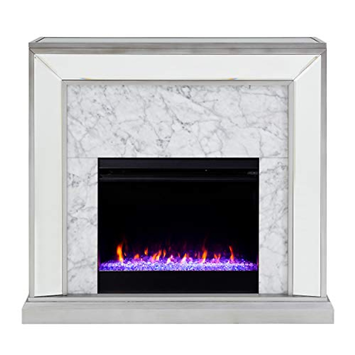 SEI Furniture Trandling Mirrored & Faux Marble Color Changing Electric Fireplace, Antique Silver-White Marble