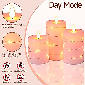 Da by Flameless Candles with String Lights，Battery Operated Candles,LED Flickering Candles with Remote Control and Timer, Real Wax, 3 Pack-Pink