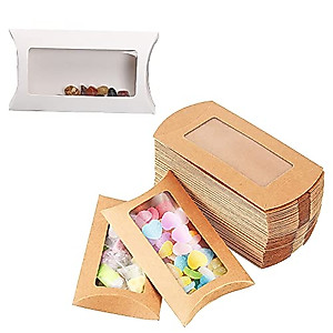 40pcs Kraft Paper Mini Pillow Packaging Box with Clear Window, Box Treat Gift Packaging Box for Bakery Candy Chocolate Jewelry Display Wedding Party Favor (Brown, 5 x 3 x 0.8 inches)