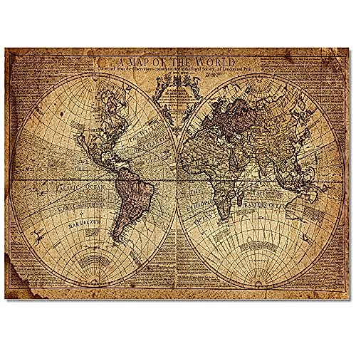 Large Modern Area Rug Contemporary Accent Throw Rug for Living Room, World Map Worldwide Oval Retro Nautical Kraft Background Anti Fatigue Non Slip Floor Carpet Comfort Standing Mat