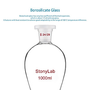 stonylab Borosilicate Glass 1000 ml Heavy Wall Conical Separatory Funnel with 24/29 Joints and PTFE Stopcock, 1000 ml