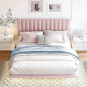 RIDFY Queen Floating Bed Frame with LED Lights/Headboard, Modern Velvet Fabric Platform Bedframe, Mattress Foundation Camas/Wood Slat Support/No Box Spring Needed/Noise Free,Pink