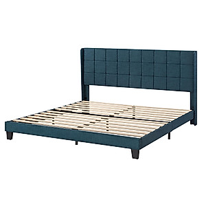 Allewie King Size Platform Bed Frame with Wingback, Upholstered Square Stitched Headboard and Wooden Slats, Mattress Foundation, Box Spring Optional, Easy Assembly, Dark Blue