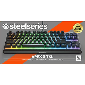 SteelSeries Apex 3 TKL RGB Gaming Keyboard – Tenkeyless Compact Form Factor - 8-Zone RGB Illumination – IP32 Water & Dust Resistant – Whisper Quiet Gaming Switch – Gaming Grade Anti-Ghosting (Renewed)