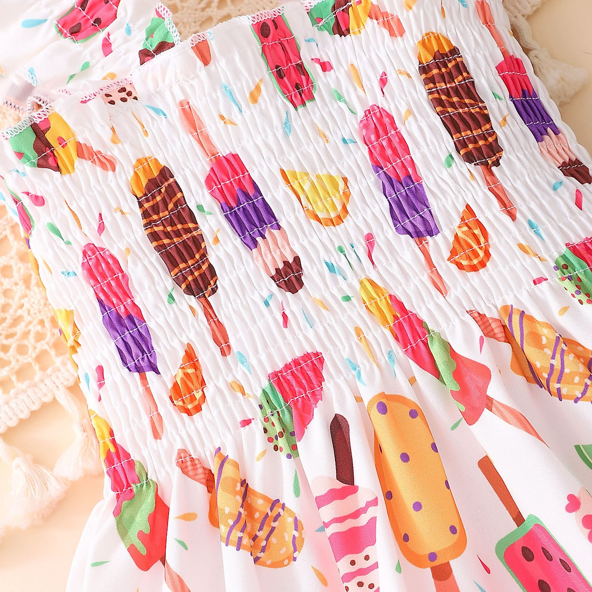 Girls Ice Cream Dress Sleeveless Toddler Summer Outfit Beach Tiered Smocked Sundress Kids Ruffle Dresses 6-7 Years