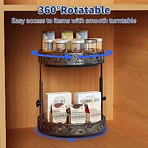 2 Tier Lazy Susan Organizer, 2 Pack 11&12 Inch Lazy Susan Turntable for Cabinet Table, MESHDO Height Adjustable Cabinet Organizer Spice Rack with Non-Slip Pad for Kitchen Bathroom Pantry(Metal, Black)