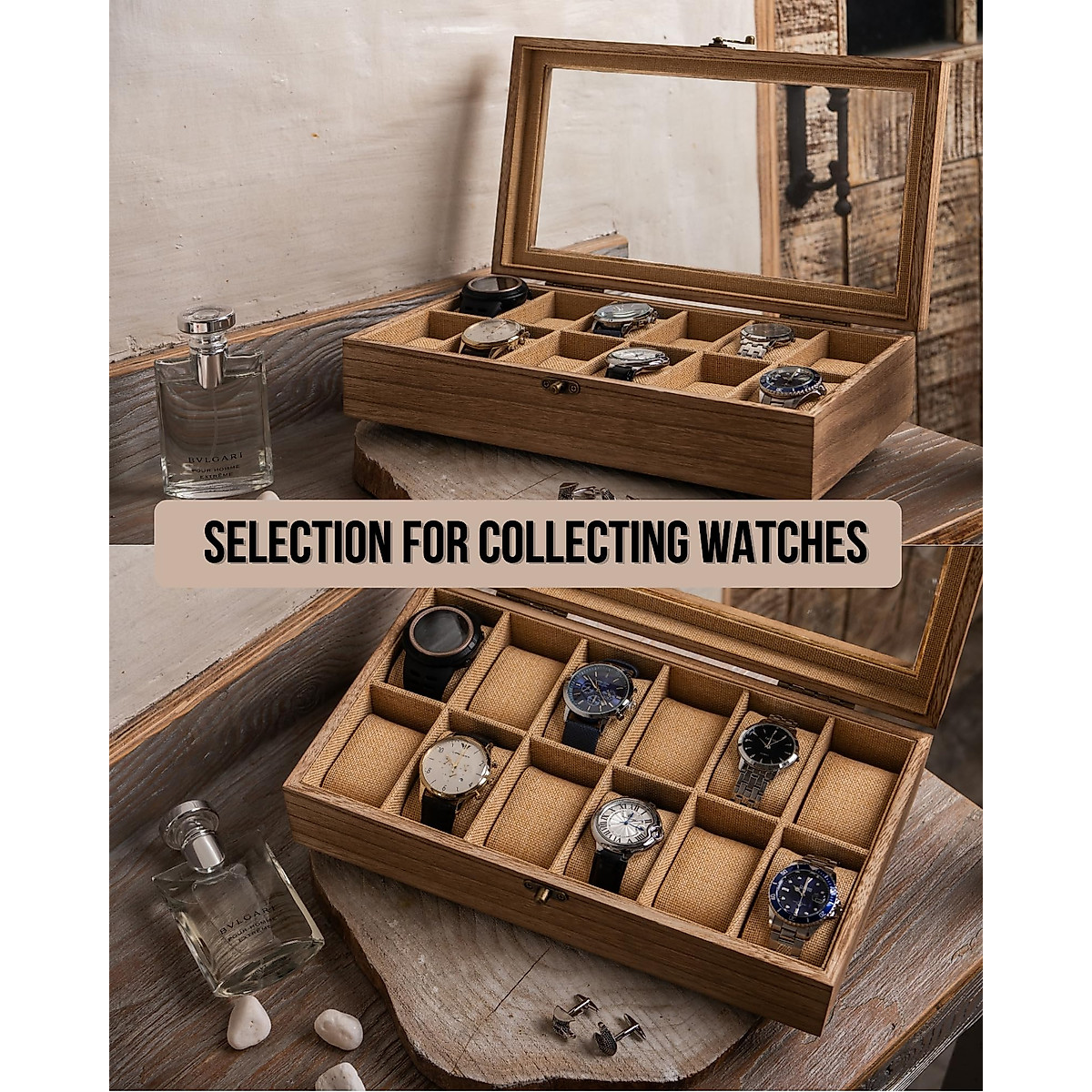 Exper City Watch Box, Watch Case for Men Women with Large Glass Lid, Wooden Watch Display Storage Box with 12 - Slots, Wood Mens Watch Box Organizer