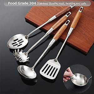 Barenthal Cooking Utensil Set,304 Stainless Steel Kitchen Utensils with Wood Handle, 4 Pieces Kitchen Stainless Steel Cookware Set Utensils - Slotted Spatula, Pasta, Spoon, Soup Ladle Set