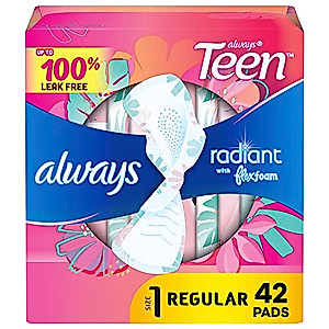 Always Radiant Teen Feminine Pads For Women, Size 1 Regular Absorbency, With Flexfoam, With Wings, Unscented, 42 Count